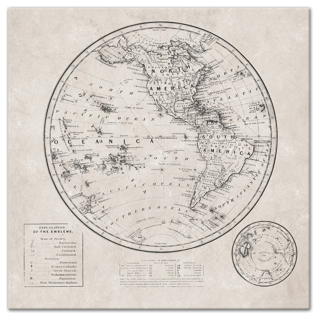 Round World Map Distressed Print on Canvas - Contemporary - Prints And ...
