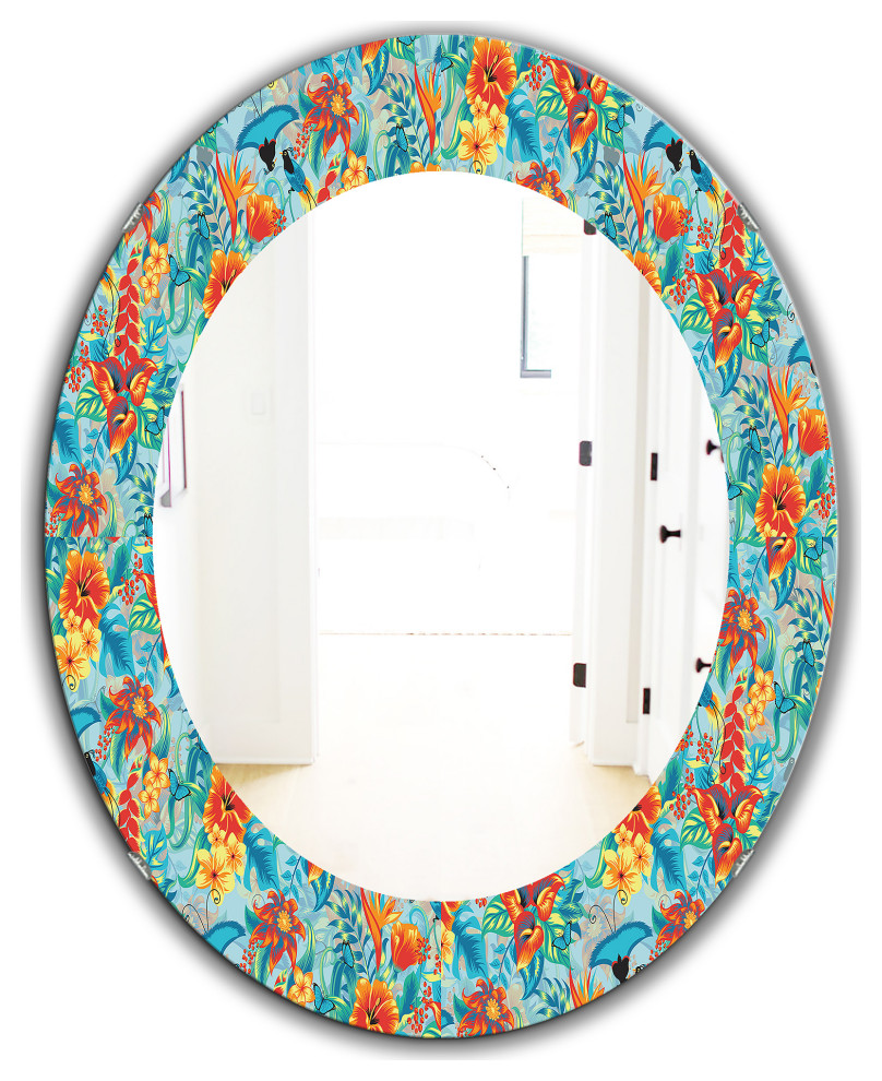 Tropical Pattern Bohemian Eclectic Frameless Round Wall Mirror, 24x36 ...