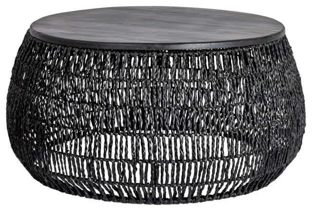 Hand-Woven Seagrass and Pine Wood Round Coffee Table, Black - Beach ...
