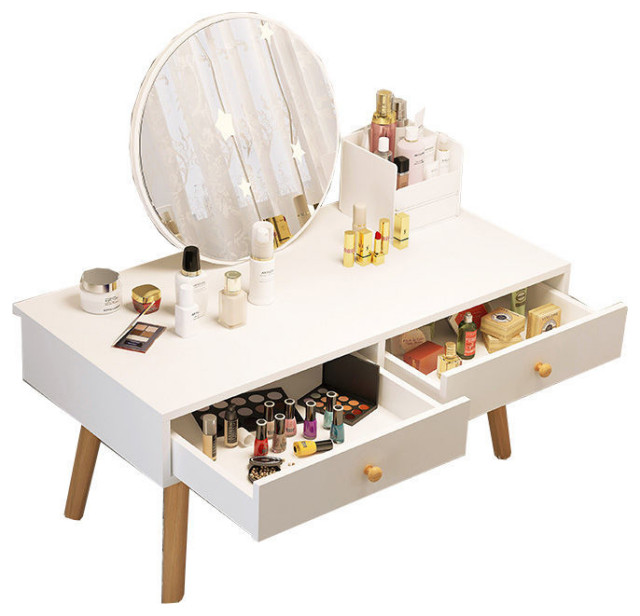 Simple Wooden Dressing Table with Storage and Round Mirror - Midcentury ...