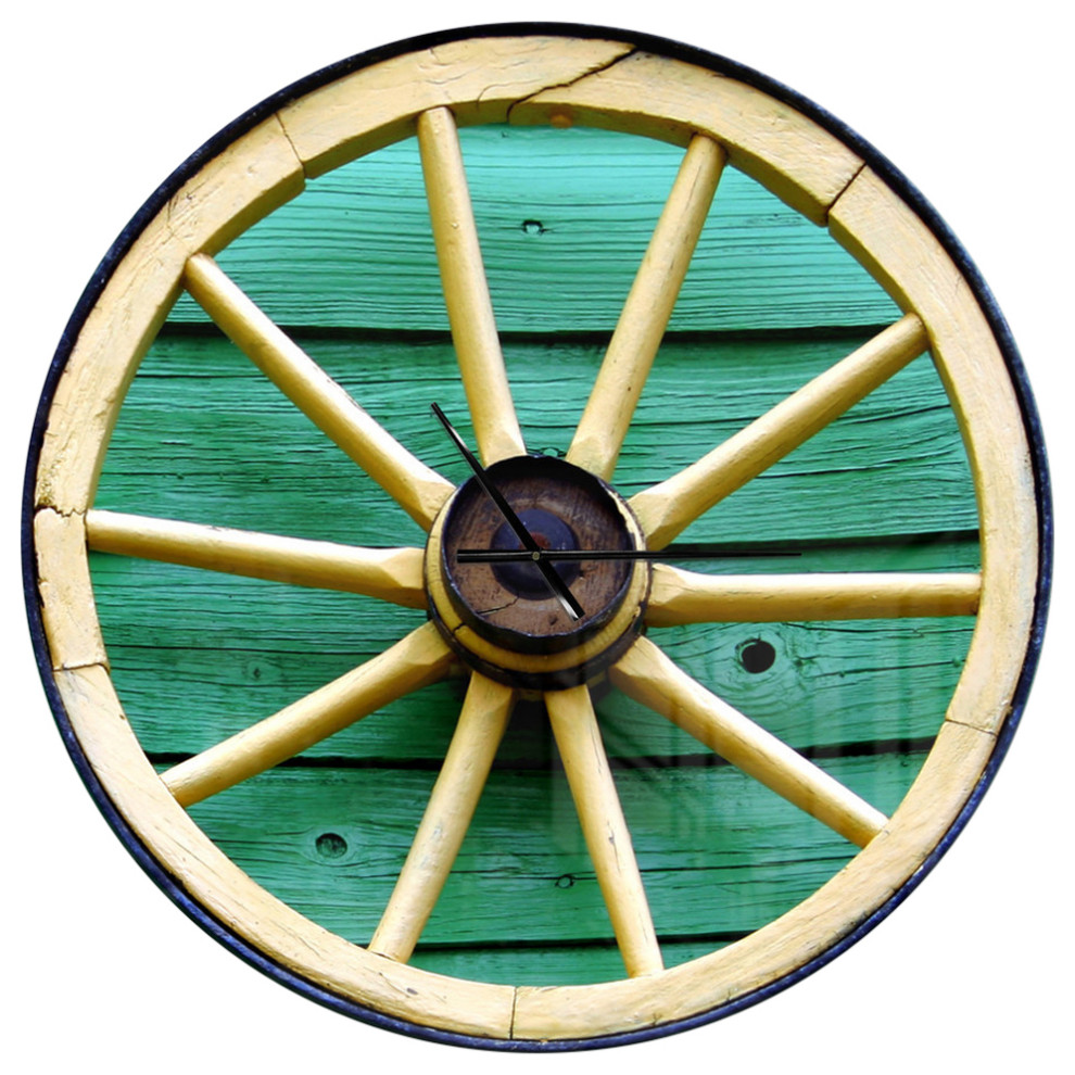 Antique Wagon Wheel On Turquoise Wood Farmhouse Clock, 23x23 - Rustic ...