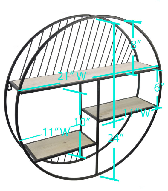 White Oak Wood Round Wall-Mounted Metal With Geometric Floating Shelves ...
