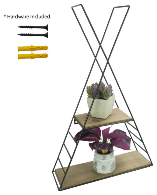 White Oak Wood Tipi Wall-Mounted Metal Floating Shelves, Black ...