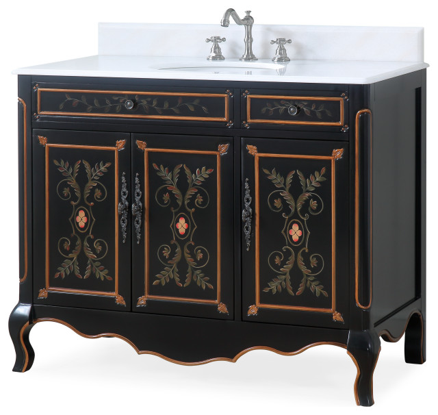42" Black Hand-Painted Floral Decoroso Side Cabinet Bath Vanity With ...