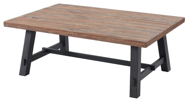 Industrial Coffee Table, Angled Legs and Rectangular Wooden Top, Rustic ...