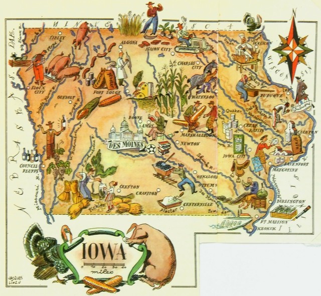 Consigned Vintage Pictorial Map of Iowa, 1946 - Midcentury - Prints And ...