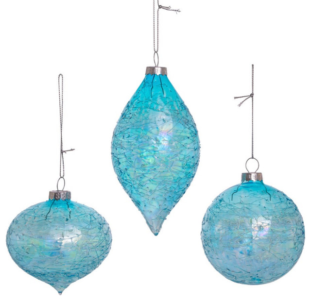 80MM Blue Finial, Onion, and Ball Glass Ornaments, 3-Piece Set, 3.15 ...