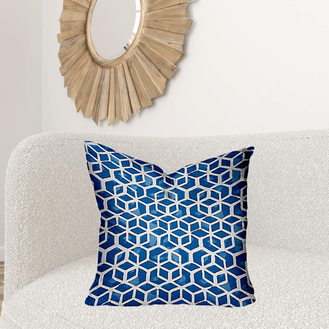 24" X 24" Blue and White Geometric Shapes Indoor Outdoor Throw Pillow ...