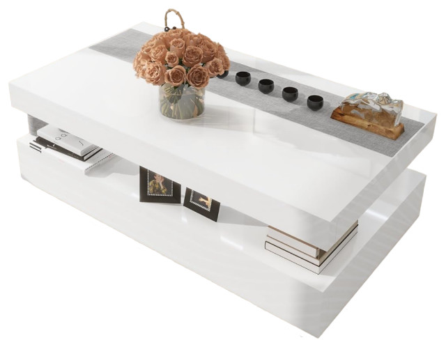 Modern Coffee Table, Rectangular Top & Middle Tier With RGB LED Lights ...