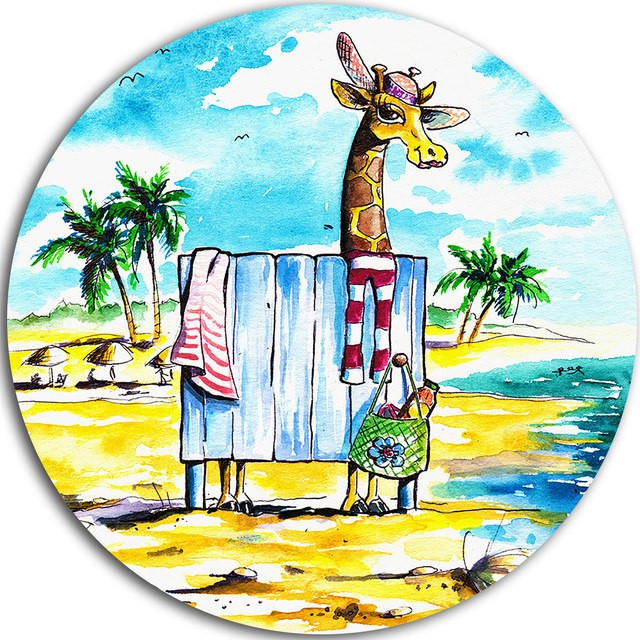 Giraffe In Dressing Room On Beach, Cartoon Animal Disc Artwork, Disc of ...