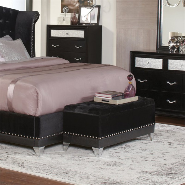 Maklaine Contemporary Velvet Tufted Trunk with Nailhead Trim in Black ...