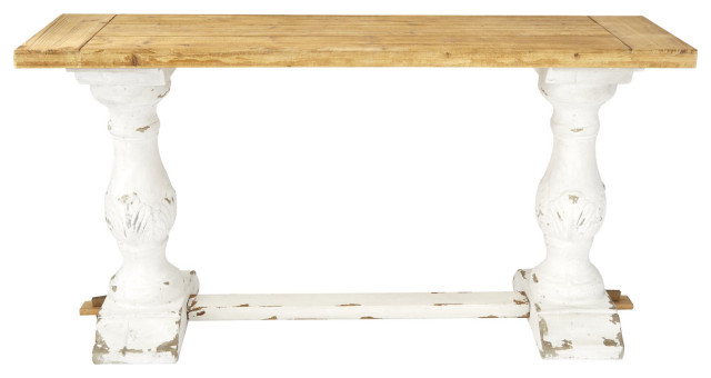 Narrow Console Table, Ornate Column Legs & Large Top, Distressed White ...