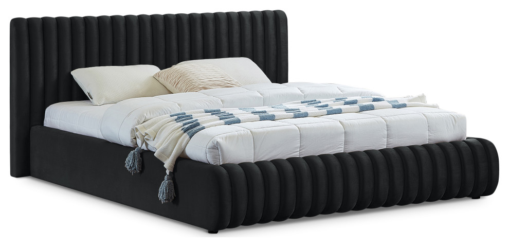 Nico Black Velvet Upholstered Bed, Queen - Transitional - Platform Beds ...