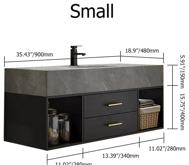 Black and Gray Floating Bathroom Vanity with Sintered Stone Vessel Sink ...