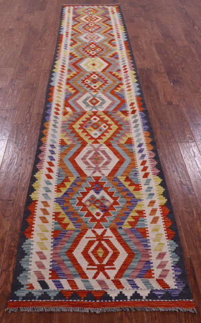 2' 7" X 13' 3" Reversible Flat Weave Kilim Wool On Wool Runner Rug ...