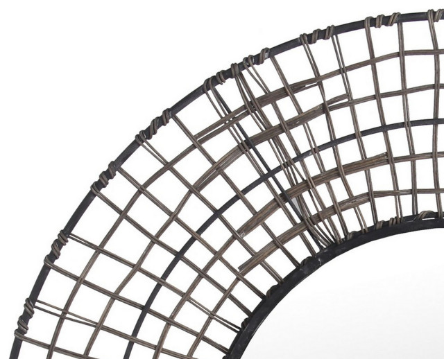 Grid Design Metal Encased Round Mirror with Rattan Wrapping, Black ...