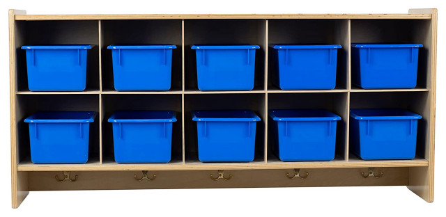 10 Section Wood Cubbies Storage, Blue Bins, Wall Hanging Organizers ...
