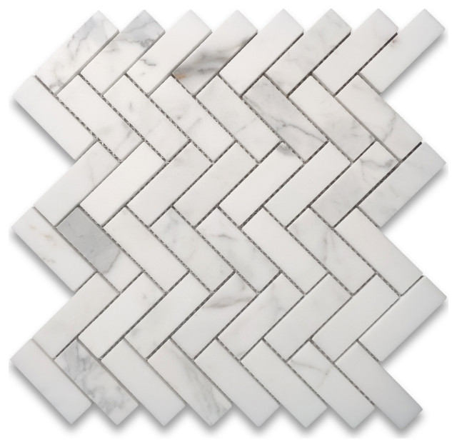 Statuary White Statuario Marble 1x3 Herringbone Mosaic Tile Honed, 1 ...
