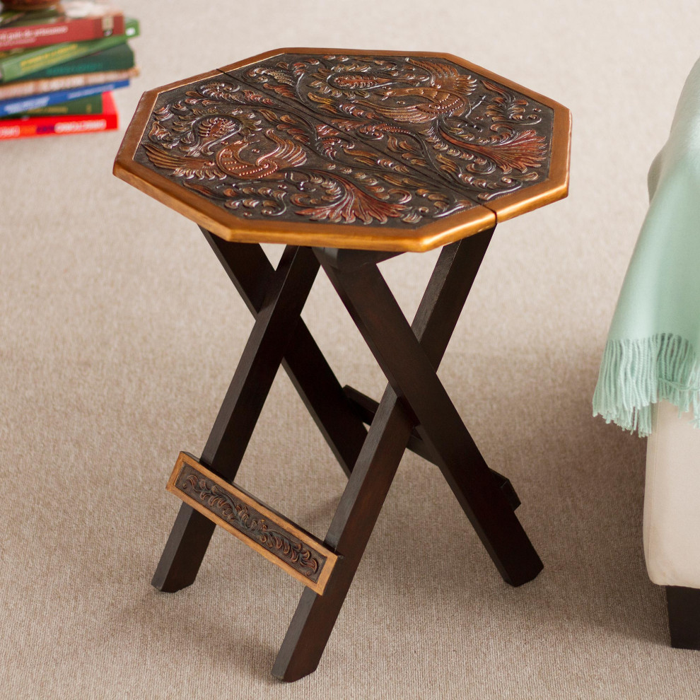 Octagonal Birds of Paradise Mohena Wood and Leather Folding Table ...