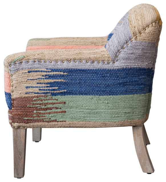 Woven Cotton Chindi Upholstered Chair With Mango Wood Legs, Multicolor ...