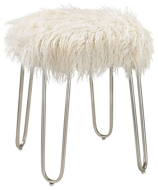 Transitional Style Retro White Faux Fur Stool in Silver Finish Metal ...