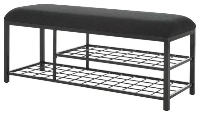 Contemporary Open Shelf Bench with Cushioned Seat and Grid Metal ...