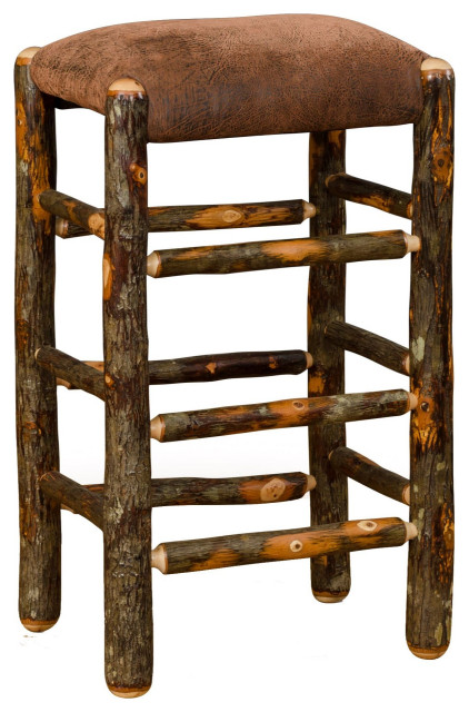 Rustic Hickory Log Stool with Upholstered Seat, 24 Inch - Rustic - Bar ...