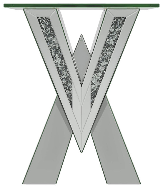 Contemporary V-Shaped End Table with Glass Top, Silver and Mirrored ...