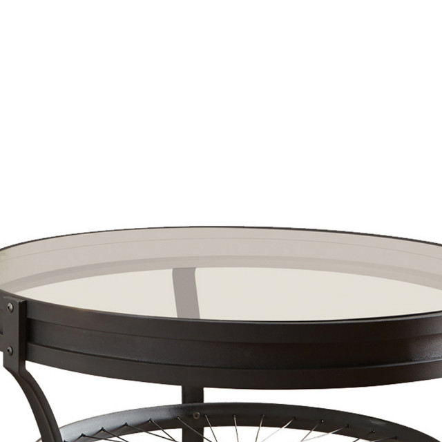 Glass Top Metal Coffee Table with Bike Spokes Design Bottom,Black and ...