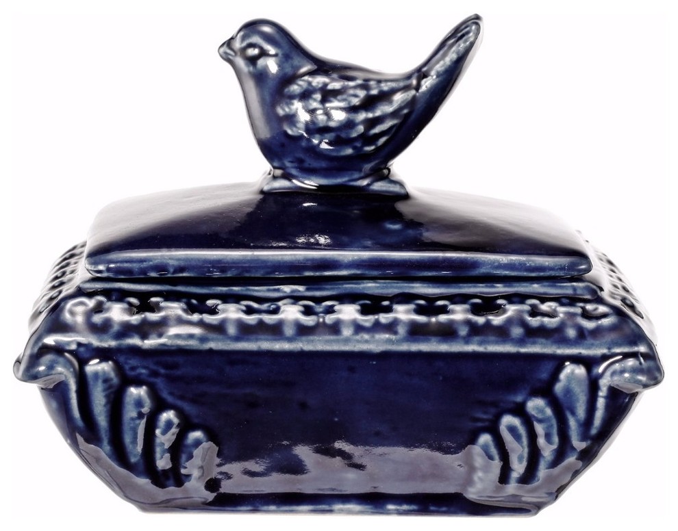 Blue Ceramic decorative Box with Bird Finial - Transitional ...
