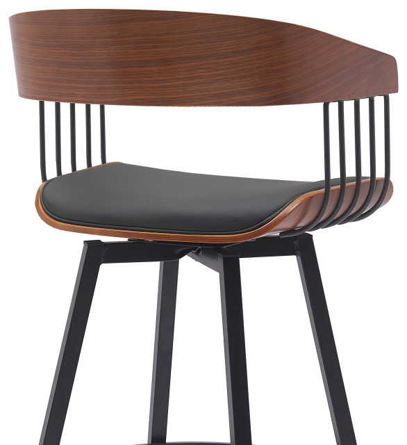 Athena 27" Swivel Walnut Wood Counter Stool Black Faux Leather With ...
