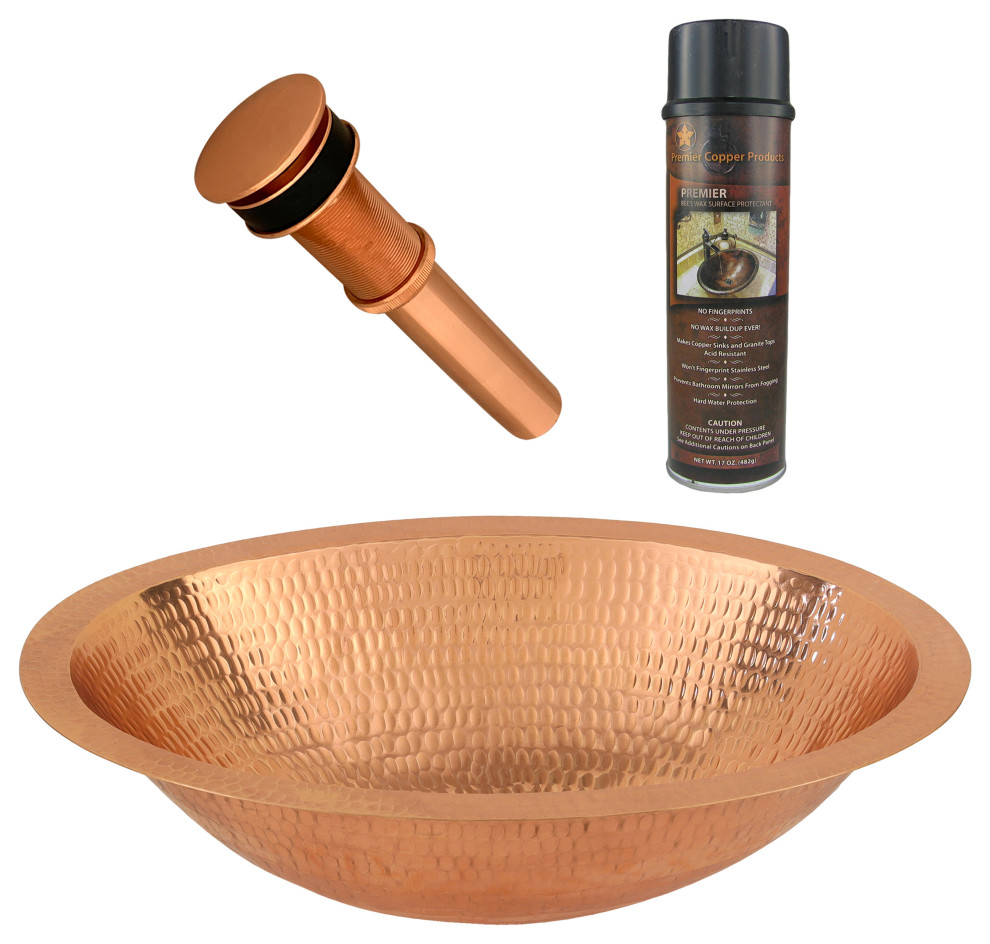 17" Oval Under Counter Hammered Copper Bathroom Sink, Polished Copper ...