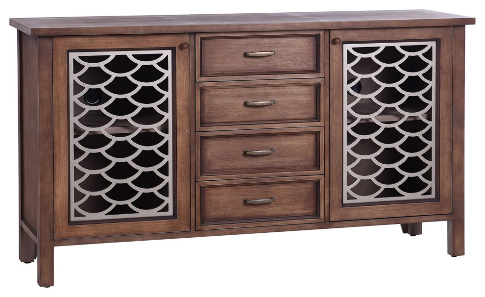 Scallop Four Drawer and Two Door Sideboard Silver, Natural Wood Finish ...