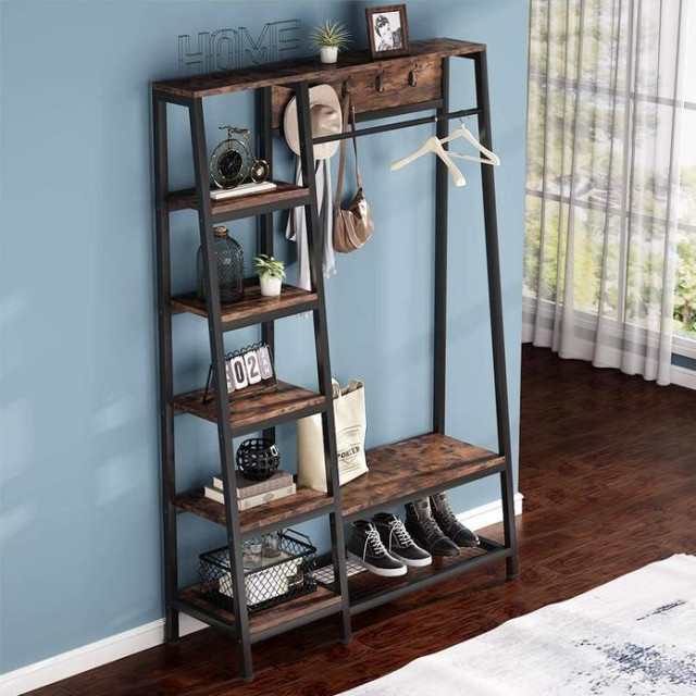 Tribesigns Ladder Clothes Rack, Freestanding Garment Rack, Rustic Brown ...