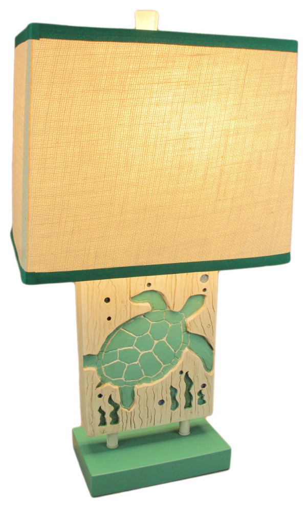 Green and White Sea Turtle Table Lamp with Linen Look Shade, One Size ...