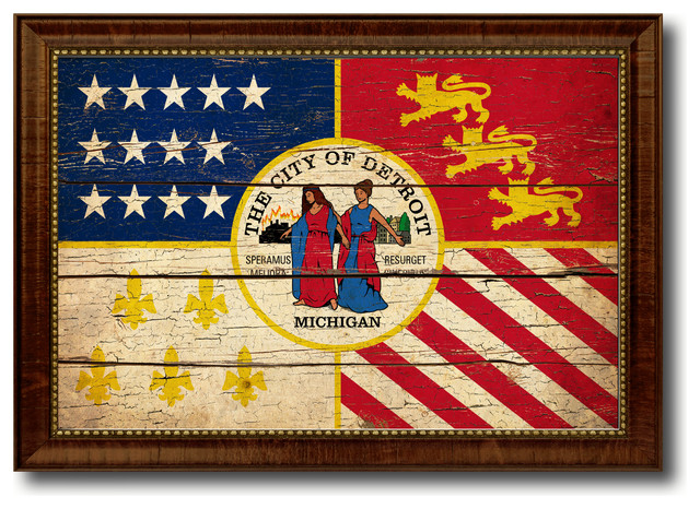 Michigan Detroit State Vintage Flag Print With Brown Gold Frame ...