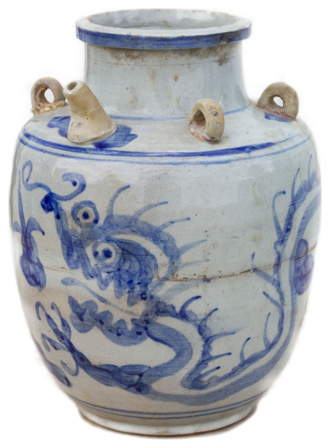 Vintage Colorful Asian Blue & White Pot - Asian - Vases - by De-cor | Houzz