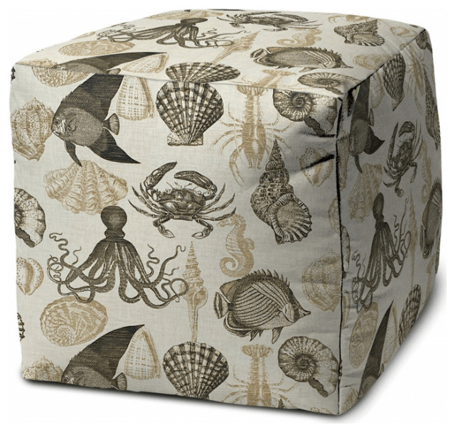 17" Taupe Gray and Beige Polyester Cube Coastal Outdoor Pouf Ottoman - Beach Style - Floor ...