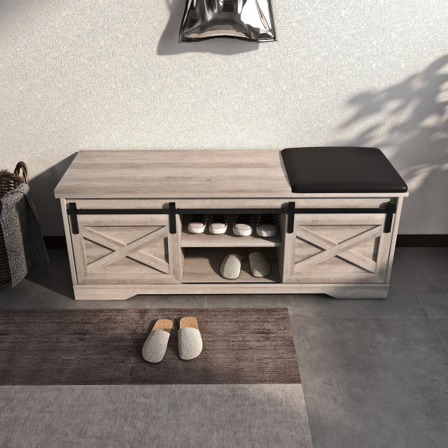 47" Farmhouse Sliding X Barn Door Bench Shoe Bench, Gray Walnut ...