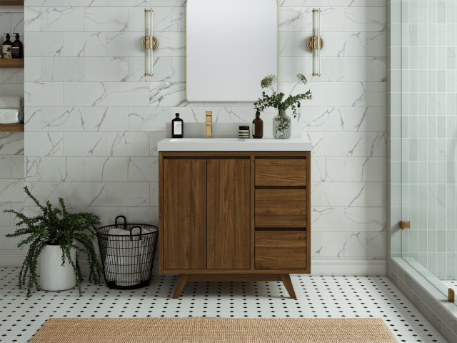 Madison Teak 36" Left Offset Bath Vanity in Dark Natural 2" Calacatta ...