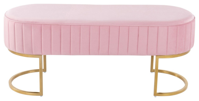 Demi Glam Pleated Bench, Gold Steel/Pink Velvet - Contemporary ...