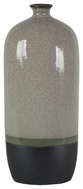 Stoneware Bottle Vase With Black Banded Rim Bottom, Large, Glossy Gray ...