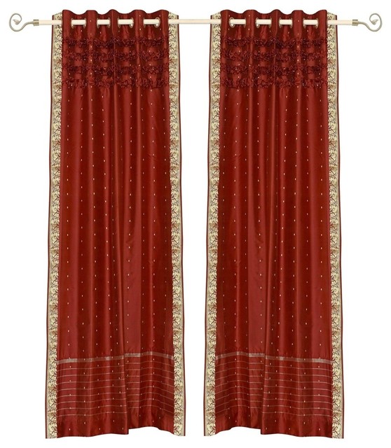 Rust Hand Crafted Grommet Top Sheer Sari Curtain Panel -Piece, 43" W X ...