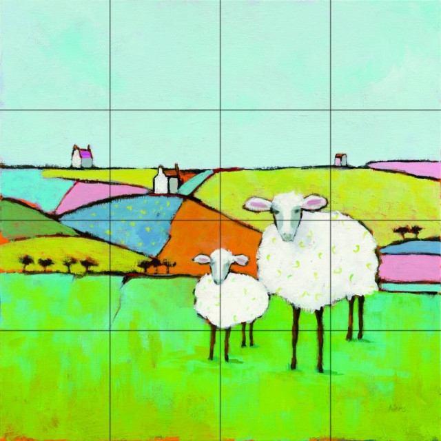 Tile Mural Kitchen Backsplash Sheep, the Meadow by Phyllis Adams, 17" W ...