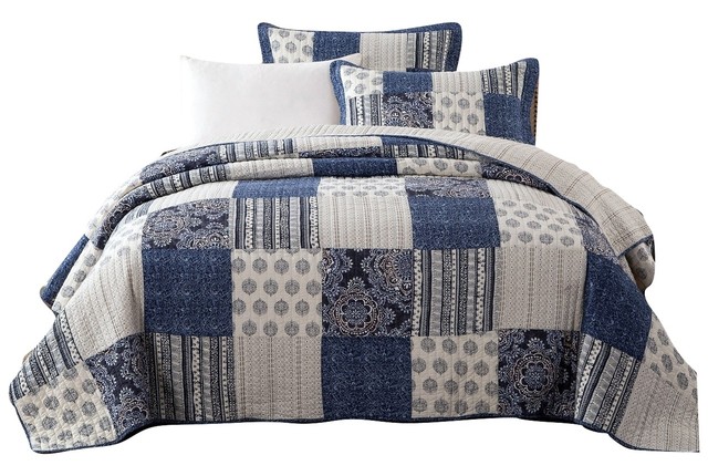 Bohemian Denim Blue Floral Elegance Patchwork Quilted Coverlet ...