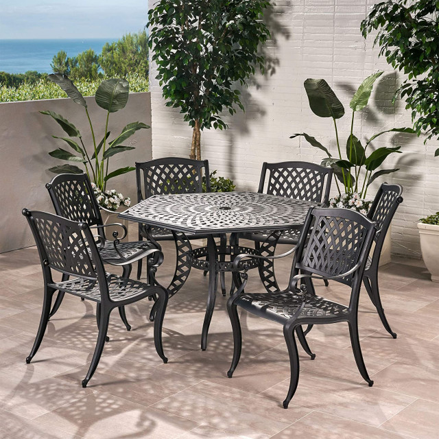 7 Pieces Patio Dining Chair, Hexagonal Table and Patterned Chairs ...