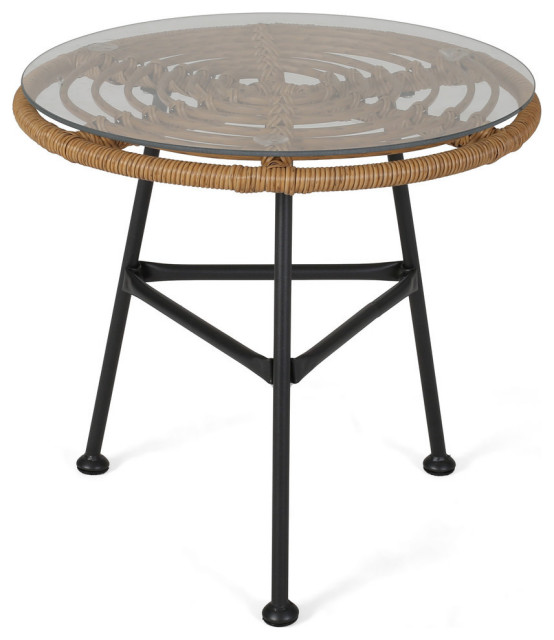 Rodney Outdoor Woven Faux Rattan Side Table With Glass Top - Tropical ...