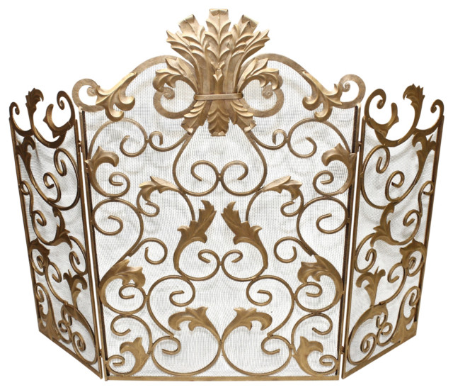 3 Panel Fireplace Screen in Gold with Scroll Design - Victorian ...