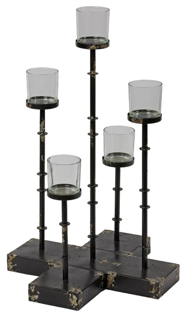 Benzara Metal Candle Holder With 5 Glass Hurricane On Cross Base Black