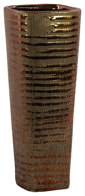 Ceramic Tall Tapered Bottom Ribbed Design Vase, Distressed Copper ...